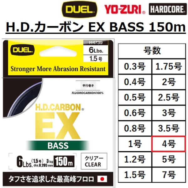 メーカー ： デュエル DUEL ヨーヅリ YO-ZURI商品名 ：H.D.カーボン EX BASS 150m  種類：フロロカーボンライン主な用途：ブラックバス長さ ： 150mカラー ： クリアー浮力 ： シンキングLbs ： 16lb...