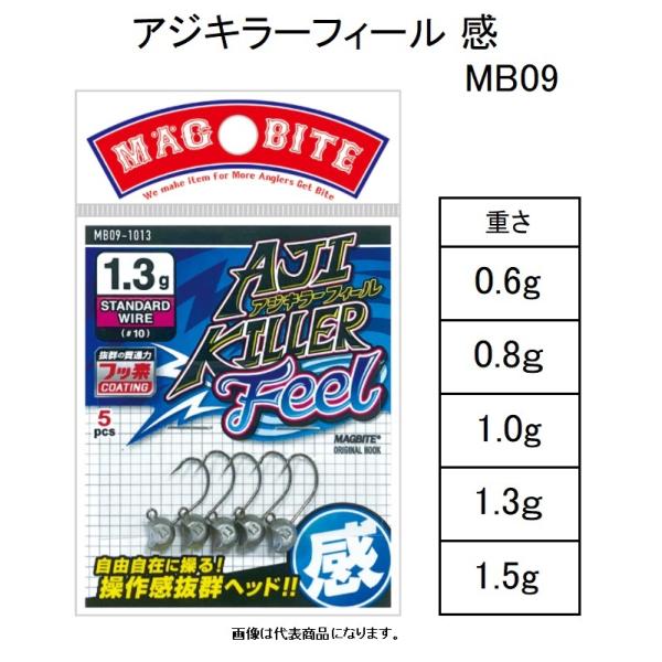 メーカー ： マグバイト MGBITE　ハリミツ商品名 ： アジキラーフィール感品番 : MB09入り数: 5個針号数:#10重さ ： 0.6, 0.8, 1.0, 1.3,  1.5g●ストレスなくラインやスナップがセットできる大口径のビ...