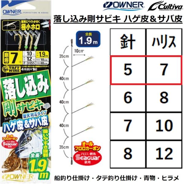 メーカー ： オーナー OWNER カルティバ C'ultiva商品名 ： 落し込み剛サビキ ハゲ皮＆サバ皮 F-3455品 番：33455（F-3455）形 態：仕掛製品形態: 全長1.9m鈎種・色: 剛将鈎: 5~8号ハリス:7~12号...