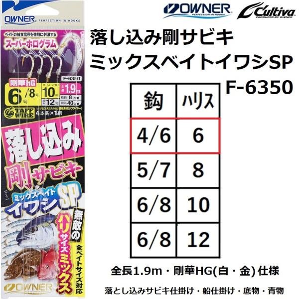 メーカー ： オーナー OWNER商品名 ： 落し込み剛サビキミックスベイトイワシSP F-6350 4/6-6号品 番：36350（F-6350）形 態：仕掛製品形態: 全長1.9m鈎種・色: 剛華HG(白・金) 鈎: 4/6~6/8号ハ...