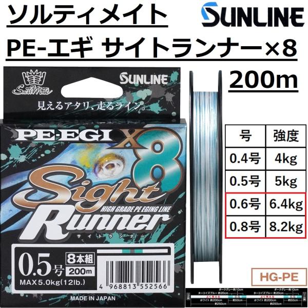 メーカー ： サンライン SUNLINE商品名 ：  ソルティメイト PE-エギ サイトランナーx8 200m 0.6 0.8号長さ ： 200m種類 ： PE(8本組PEライン)カラー ： ホワイト&amp;ターコイズブルー&amp;ダー...