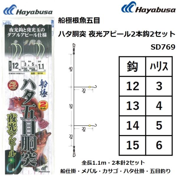 メーカー ： ハヤブサ HAYABUSA商品名 ： 船極根魚五目 ハタ胴突 夜光アピール2本鈎2セット SD769 12-3,13-4,14-5,15-6号主な用途：五目釣り種類：カサゴ・ハタ製品形態: 船・胴突式 袋入り数 ：2本針2セッ...