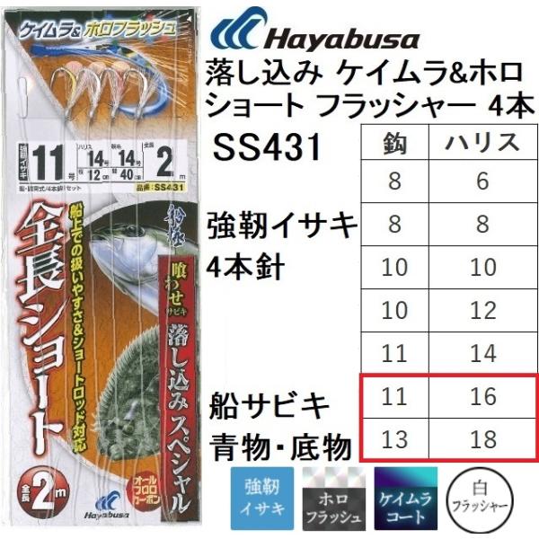 メーカー ： ハヤブサ HAYABUSA商品名 ： 船極喰わせサビキ 落し込みスペシャル ケイムラ&amp;ホロ ショート フラッシャー 4本  SS431種類：船青物・底物用落とし込みサビキ仕掛け 強靭イサキ フラッシャー主な用途：青物・...