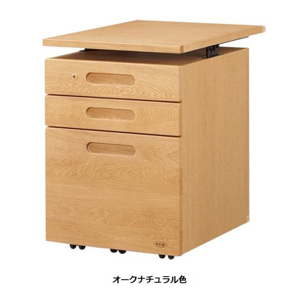 純国産品 浜本工芸学習デスク用 No.28昇降袖A素材：ナラ無垢材 (天板UV塗装) 塗色：3色対応 (NA / DA / CA) 受注生産送料無料 (玄関前配送) 北海道・沖縄・離島は見積もり。天板昇降式の大容量収納ワゴンです。３杯ある引...