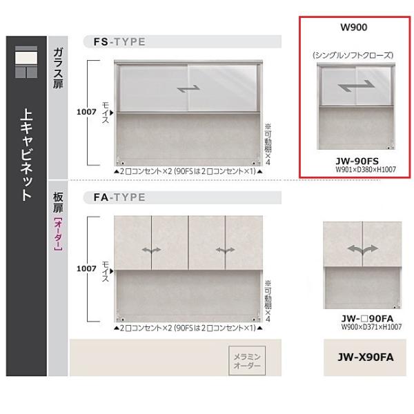 綾野製作所 90キッチンボード 上キャビネット ガラス扉 Unjour (アンジュール) 引き戸 JW-90FS 本体色：ホワイト ガラス扉：ステンカラーアルミ枠ホワイトガラス 2口コンセント×1、モイス付 開梱設置送料無料 (沖縄・北海道...