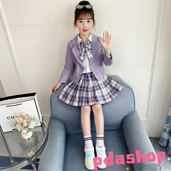 卒業式 スーツ 女の子 jk制服 フォーマルスーツ 子供制服 4点セット スーツ+蝶結び+スカート+シャツ フォーマル制服 学生服 ガールズ 春服 チ