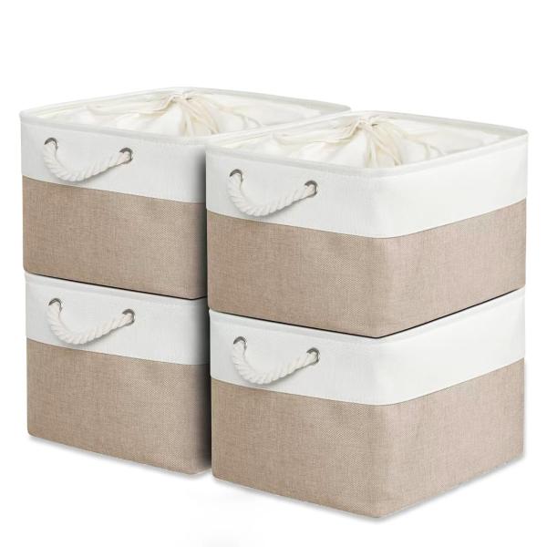 収納バスケット 収納かご 4個セット 幅40×奥行30×高さ24cm 巾着式 折りたたみ 大容量  天然綿麻 無臭 服/小物/衣類/CD/DVD/マンガ/書類/お