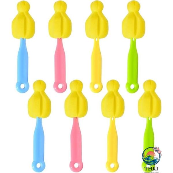 【商品詳細】：スポンジおしゃぶりブラシ*8本。カラー：ブルー、ピンク、イエロー、グリーン（各2個）。サイズ: 14*3.7cm。 【厳選された素材】：このおしゃぶりクリーニングブラシは、高品質で高密度の多孔質スポンジでできており、吸水性が強...