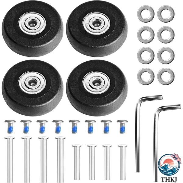 スーツケースタイヤ交換キット内容：[1]PUゴム交換用ホイール4 個：ホイールサイズは50/18 mm、内蔵ボールベアリング内径6 mm、全幅約20-21 mm。  [2] 8 つのホイール アクスル: 長さ 30 mm の 4 つのアクス...