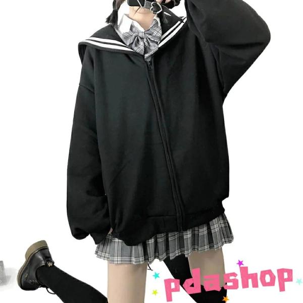 商品コード：bqs0569 サイズ：S/M/L/XL/2XL カラー：ブラック  ◆セーラー襟風のフードが可愛いパーカー ◆使い勝手の良いデザインで汎用性◎