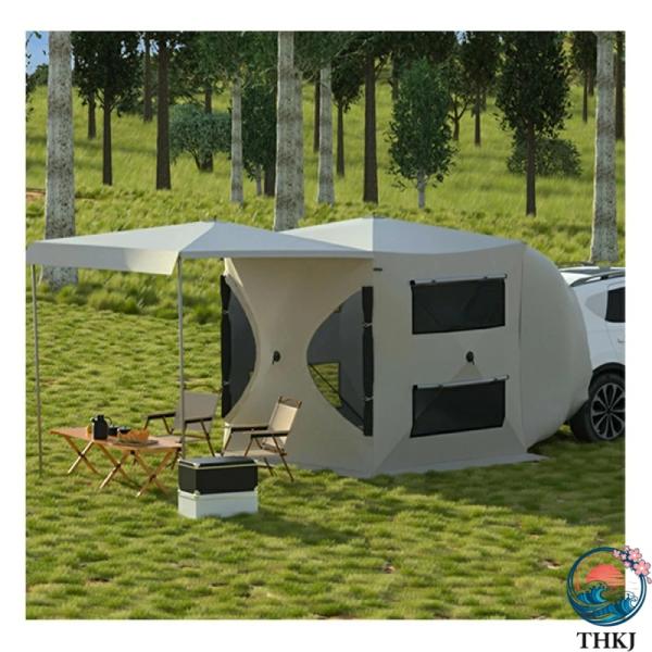 ? 広々とした空間拡張：兜型取り外し可能な地布と車尾布スカートが魔法のようにぴったり接続し、カーサイドテントの尾門部分が8〜12m?のリビングルームに変身します。カーサイドタープは取り外し可能で、対面に移動させたり、独立して使用することもで...