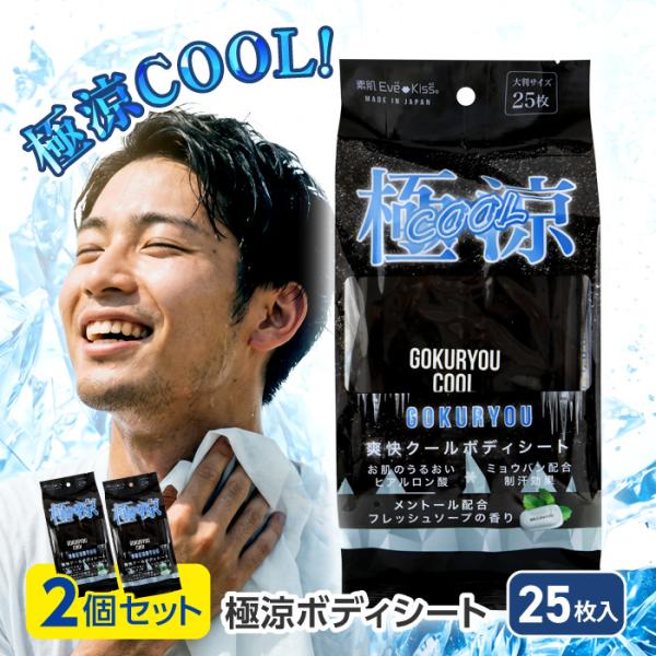 極涼ボディシート 25枚入 2個セットガツンと冷たい！超爽快クール感！汗・ベタつき 瞬間リフレッシュ！いろいろなシーンでサッとひと拭き！いつでもクール！ベタつきOFFで快適！しっかり拭ける大判シート●25枚入り●大判サイズ（20×30cm）...