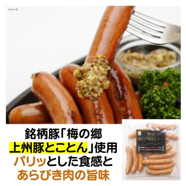 銘柄豚「梅の郷　上州豚とことん」使用。パリッとした食感とあらびき肉の旨味。名称　　　ポークソーセージ(ウインナー)原材料名　豚肉(国産)、豚脂肪、食塩、砂糖、香辛料/トレハロース、　　　　　カゼインNa、リン酸塩(Na)、調味料(アミノ酸等...