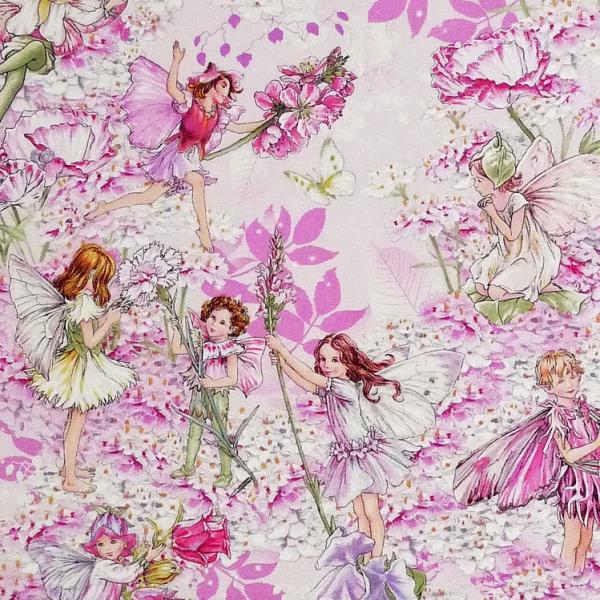 お花とお花の世話をする妖精が生地全体を埋め尽くしています。ブラウスやワンピース、エプロンなどにピッタリだと思います。ペトルフラワーフェアリーズ&amp;nbsp;シシリー メアリー バーカーDC5057 PETAL FLOWER FAIRI...