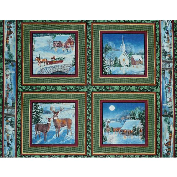 クリスマスの夜。シカ、ウマ橇、教会、リースで飾り付けされたお家がモチーフのピローパネル。それぞれシカ、ウマ橇、教会、リースで飾り付けされたお家を描いたパネルが4枚で１セットです。パネルの大きさは約39.5cm4方で1セットの大きさは約横11...