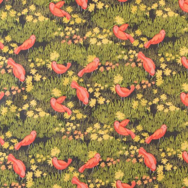 たんぽぽの花が咲く野原でオレンジ色のカナリヤが遊んでいます。童話の挿絵の様な筆使いが可愛いです。シャツやブラウスにいかがでしょうか？ダンディ・アニー48631-12 DANDI ANNIE LITTLE BIRDS / CHARCOAL D...