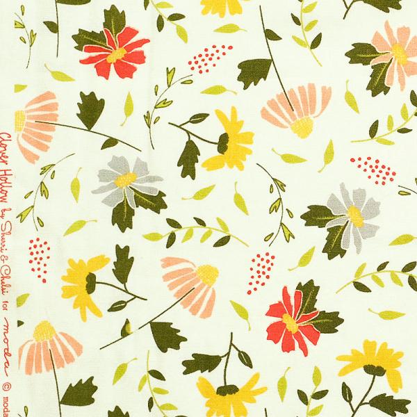 キク科の色々な花を平面的に単純化しています。シャツやブラウスにどうぞ。クローバー・ハロウ・メドウ・ブルームズ/アイボリー37550-11 CLOVER HOLLOW MEADOW BLOOMS / IVORY Clover Hollow b...