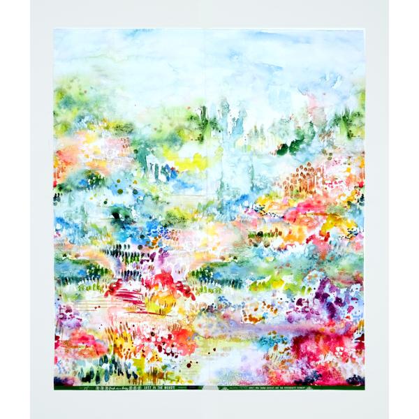 水彩で描いた抽象的な風景のパネル。近くの花畑や遠くの森や山が抽象的に描かれています。水彩の優しい色使いがお部屋を明るくしてくれそうなタペストリーです。フレッシュ・アズ・ア・デイジー8493-11 FRESH AS A DAISY CREAT...