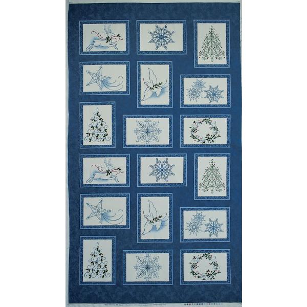 クリスマスのキャラクターをモチーフにしたブロック・パネル柄。トナカイ、雪の結晶、クリスマス・ツリー、星、オリーブの葉を咥えた鳩、クリスマス・リースなどの9種類のブロックが2つずつ、18ブロックで1セットです。タペストリー、クッション・カバー...