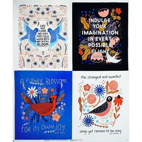 鳥とお花がモチーフのパネル。やや大きめな4柄のパネルで1セットです。左上は"LOUISA MAY ALCOTT"の言葉"LIFE AND LOVE ARE VERY PRECIOUS WHEN BOTH ARE IN FULL BLOOM"...