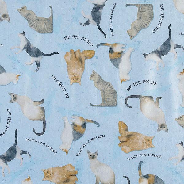 リアルなネコと”BE RELAXED”、”BE CURIOUS”、”SPRING INTO ACTION”、”STAY INDEPENDENT”、”WHAT WE LEAREN FROM”などという言葉が生地全体に散らばっています。写真の様...