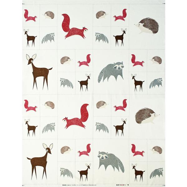 リス、鹿、ハリネズミ、アライグマがモチーフのパネル柄22cm×27cm、11cm×13.5cmの2つの大きさに点線で囲まれた枠の中にモチーフのリス、鹿、ハリネズミ、アライグマが単純化した幾何学的な模様で描かれています。それぞれの動物は大、小...