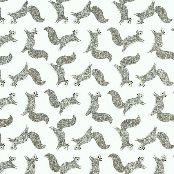 木の幹を駆けるリスの柄。幾何学的な模様が黒のモノトーンで体に描かれています。モダンで都会的な装いに使って見てください。ブランブル・スクワラルズ/クリーム・グレー48283-21 BRAMBLE SQUIRRELS / CREAM GREY ...