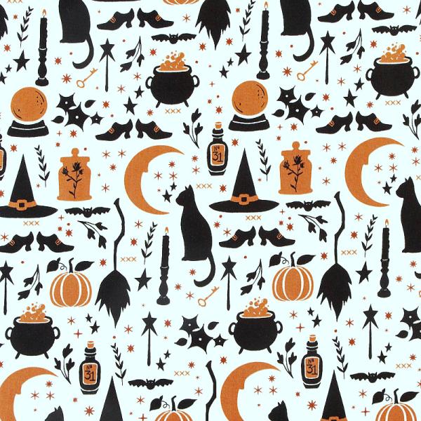 黒ネコ、とんがり帽子、黒いハイヒールなど、魔女の気配を感じるハロウィン柄。白地にオレンジと黒の配色が都会的なセンスです。スペルバウンド43140-11 SPELLBOUND Spellbound by Sweetfire Road &amp...