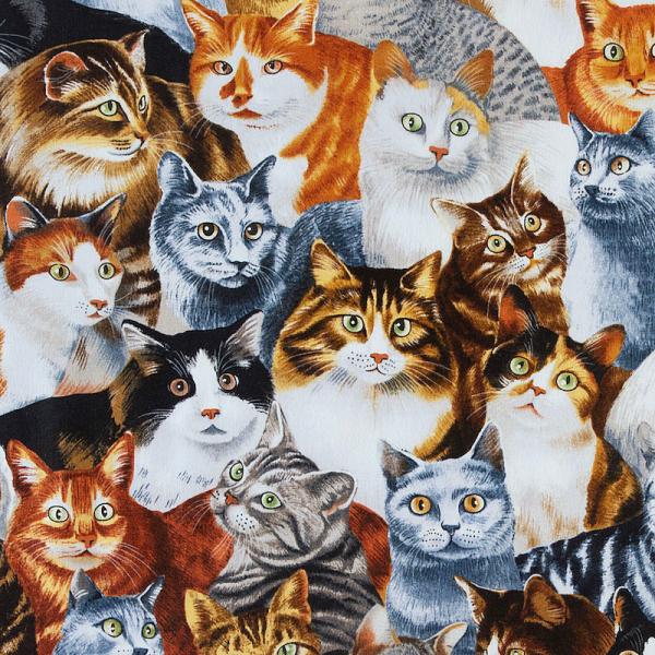 眼力の強いネコ(ネコはみんなですが)がたくさん集まり生地全体を埋め尽くしています。リアルですが、写真ではなく手書きのイラストの様です。ルース・キャットRUTH-C5484 CAT Levison Design fot Timeless Tr...
