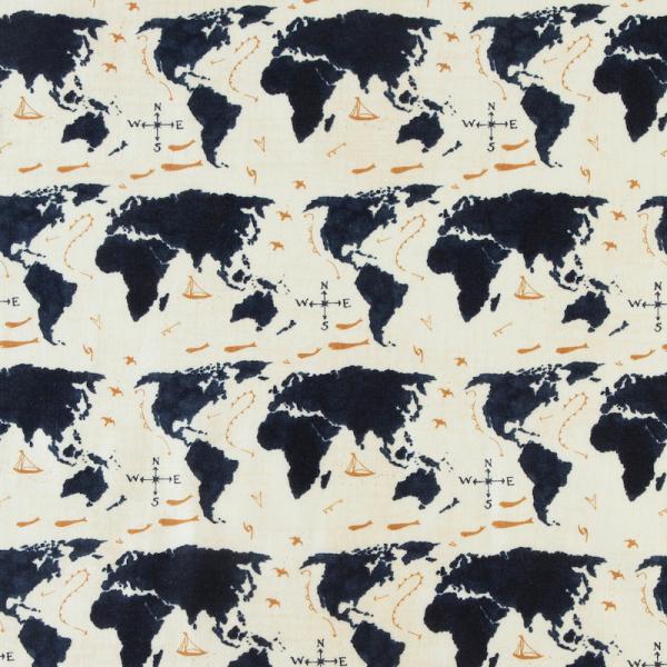 横14cm、縦8cmほどの世界地図を整然と並べています。地色のクリーム色と世界地図の黒の色の対比がオシャレです。シャツやブラウスにいかがでしょうか？ウェザー・パーミッティング・ワールド/クラウディ-ストーミー1460-16 WEATHER ...