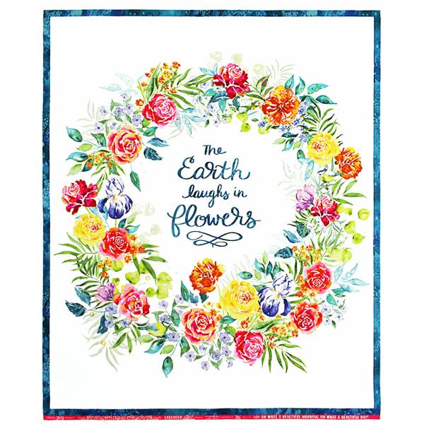 バラの花などがモチーフのタペストリー・パネル。完成すると横約90cm、縦約108cmの大きなタペストリーになります。お花のリースは横約84cm、縦約87cmの楕円形、中心に”The Earth laughs in flowers”という言葉...
