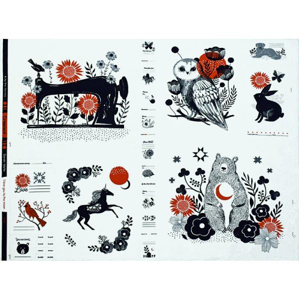 ミシン、フクロウ、ユニコーン、クマがモチーフのパネル柄それぞれのモチーフを切り離せる様にカットラインが入っています。カットすると手作り作品に貼り付けるタグが出来上がります。タグは横約49cm×45cmから横約3.5cm×縦約2.5cmまでの...