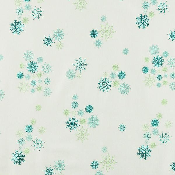白い背景に青と緑のさまざまなサイズの雪の結晶がモチーフのクリスマス柄。クリスマスに限らず冬のニュアンスを加えたい作品作りに向いています。クリスマスのテーブルクロスやクッションカバー、冬のテーマのバッグなど、様々なアイテムの制作に使用できます...