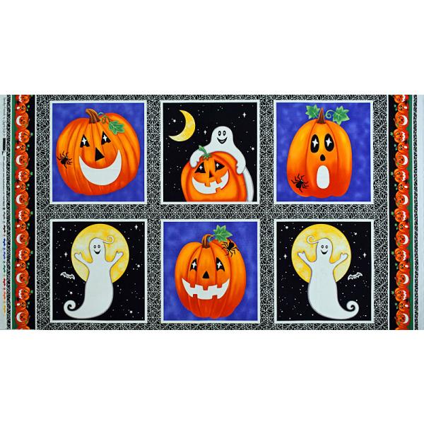 かぼちゃランタンとお化けがモチーフのハロウィン・ブロック・パネル蓄光タイプで、暗闇で白い部分が青白く光を放ちます。子供達も大喜び！約横26cm、約縦27.5cmのパネルが横に3列、縦に2段の6パネルと生地の両ミミに沿ったかぼちゃランタンのス...