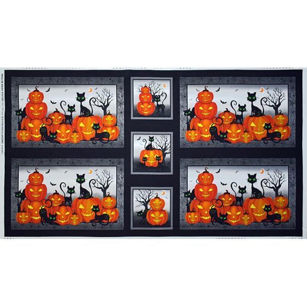 緑の目の黒ネコとジャック・オー・ランタンがモチーフのハロウィン・ブロック・パネル縦2列、横2段の約横42cm、約縦26cmの4枚のパネルとそのパネルに挟まれた縦3段の約横15.5cm、約縦15.5cmのパネルで1セットです。約横42cm、約...