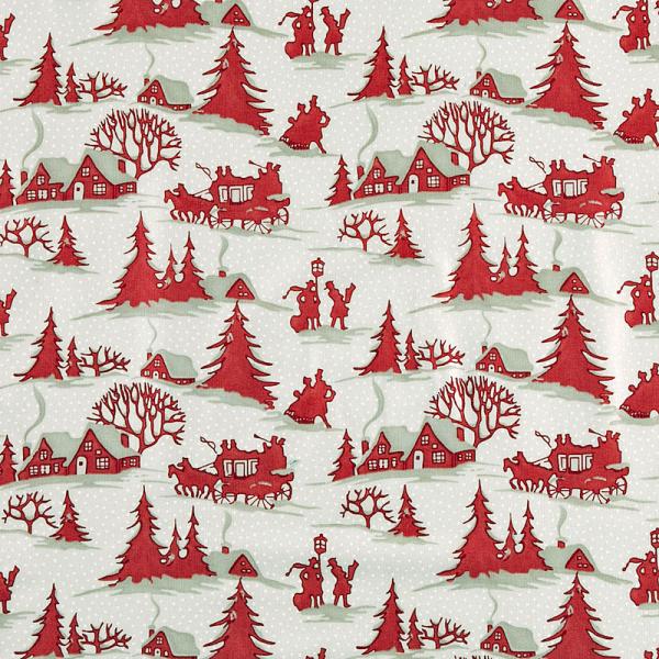 赤い家や木、静かに降る雪が点々と薄いベージュの背景に描かれたクリスマス柄のコットンプリント生地です。冬のホリデーシーズンをテーマにしたデザインで、クリスマスの雰囲気を醸し出しています。赤と白のコントラストが美しいクリスマスにピッタリのデザイ...