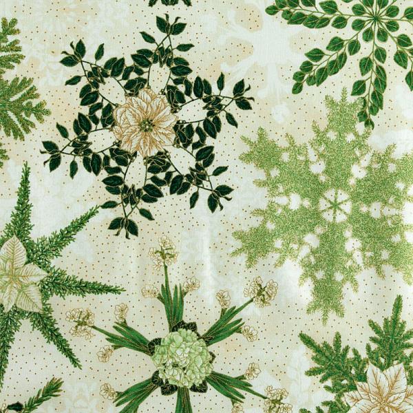 さまざまな緑の植物と花を6角形に配置して雪の結晶柄を形作っています。様々な緑の色合いがより自然らしさを感じさせます。モチーフの輪郭にゴールドラメをあしらってあり、豪華さも感じます。地模様にも雪の結晶が描いてあります。クリスマスに自然な雰囲気...