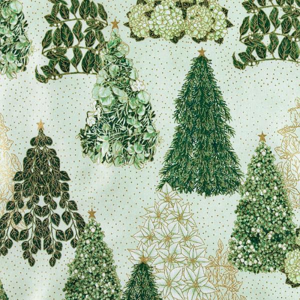 ポインセチアの花、松の小枝、様々な植物の葉っぱなどでクリスマス・ツリーを形作っています。ゴールドラメを効果的に使ってあり、ツリーの頂上の星や輪郭、ゴールドラメで描いたツリーもあります。クリスマス・シーズンにぴったりのインテリア・ファブリック...