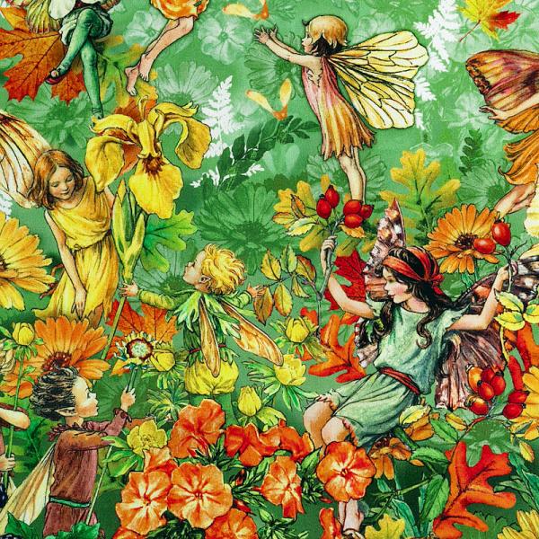 メアリー・シシリー・バーカーの繊細で詳細なイラストが特徴のお花の妖精柄です。妖精がカラフルな秋の花、植物、黄色の水仙、赤いベリー、緑の葉などと戯れる様が描かれています。上に行くに従って明るくグラデーションしていく色合いなので、カットは1単位...