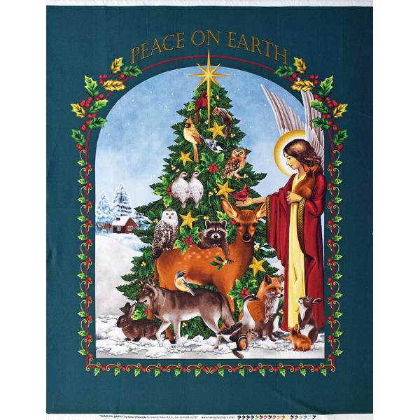 天使と動物達とクリスマス・ツリーがモチーフのクリスマス・タペストリーアーチの向こうに天使と動物達が集まったクリスマス・ツリーが見えている様な絵柄。カージナル、チッカディー、フクロウ、鳩、鴨などの鳥、鹿、オオカミ、キツネ、アライグマ、ウサギ、...