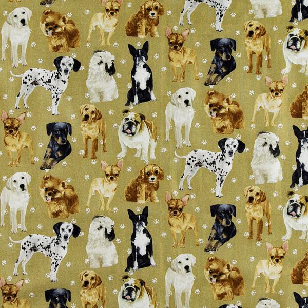 色々な種類の、判るだけで、ラブラドルリトレバー、ボストンテリア、ダルメシアン、ブルドッグ、チワワなどのイヌがこちらを向いて、見てくれています。イヌとイヌの間の部分にも可愛い肉球が描かれています。犬好きな方、この生地で作成するものを想像するだ...