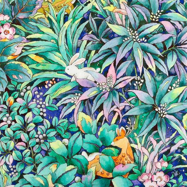 鮮やかな色使いの草花、ウサギ、動物柄デジタル・プリントなので、各モチーフの輪郭がくっきりし、グラデーションしていく色の変化もきれいにプリントされています。シャツやブラウスに新しい意匠を取り入れてはいかがでしょうか？ノラnora. ST-13...