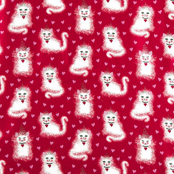 モフモフの白ネコがモチーフハートの飾りがついた首輪の白ネコとピンクのハートが生地を埋め尽くしています。モチーフのネコの白と地色の彩度の高い赤のコントラストが鮮やかです。この生地で何を作るかはアイデア次第。ネコ好きの世界が楽しくなりますよ。ス...