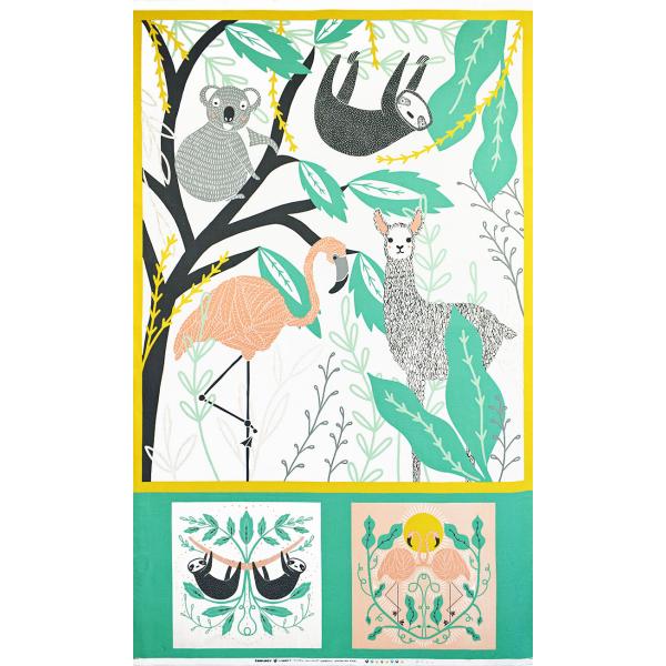 コアラ、ナマケモノ、アルパカ、フラミンゴがモチーフのタペストリー・パネルちょっと珍しい動物を集めたタペストリー。コアラ、アルパカのグレー、ナマケモノ、ナマケモノがぶら下がっている木の幹の黒、その木の葉のペパーミント・グリーン、フラミンゴのピ...