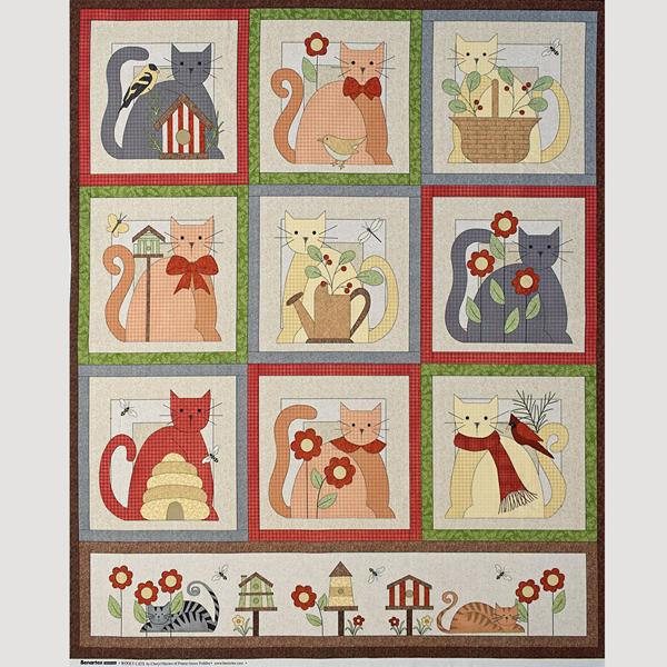 ネコとお花とミツバチがモチーフのパネル柄横に3列、縦に3段の9パネルとパネル下のボーダーで1セットです。パネルの大きさは横約28.5cm、縦約29.5cm、ボーダーは横約85cm、縦約16cmです。輪郭に沿ってステッチを入れるとネコとお花と...