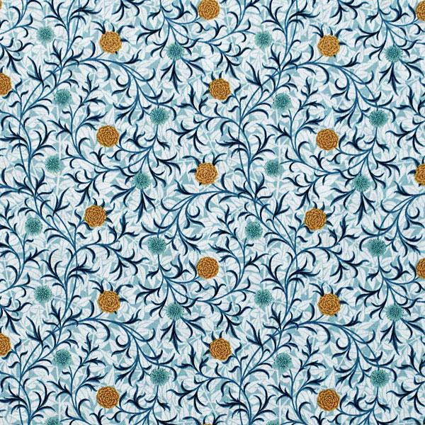 葉やマリーゴールドの花が優雅に弧を描く"スクロール"他の作品と比べてパターンが小さめで、より細やかな印象を与えてくれます。シャツやブラウス、浴衣にも向いているのではないでしょうか？モリス・マナー・スクロール/スカイ8393-13 MORRI...