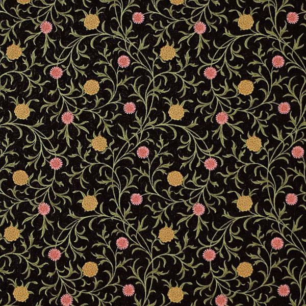 葉やマリーゴールドの花が優雅に弧を描く"スクロール"他の作品と比べてパターンが小さめで、より細やかな印象を与えてくれます。シャツやブラウス、浴衣にも向いているのではないでしょうか？モリス・マナー・スクロール/エボニー8393-16 MORR...