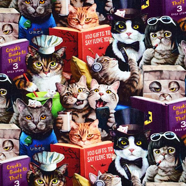 コミカライズされたネコが色んないたずらにチャレンジしている、見ていれば楽しい気分になるネコ柄。輪郭がクッキリしたデジタル・プリントがネコの可愛さを際立たせています。ブラウス、シャツジャケット、帽子など、身に付ける物など、様々なプロジェクト、...