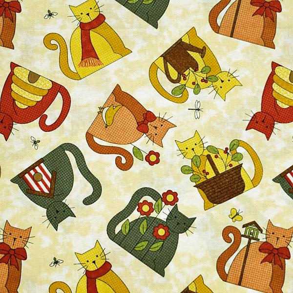 ネコとお花とミツバチと小鳥がモチーフです。それぞれのモチーフはチェック柄で平面的な表現。上下、左右、方向性がない柄です。シャツ、ブラウスやパジャマなどにも用途は無限大。ウーリー・キャッツWOOLY CATS #16307-07 Benart...