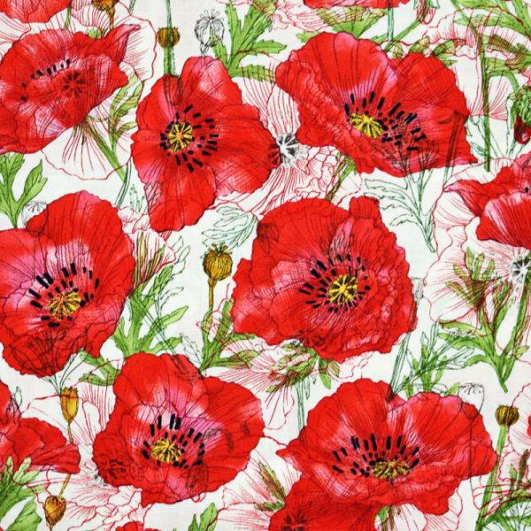 真っ赤に描いたポピーの花花弁、雌しべ、雄しべ、等、繊細に丁寧に描いています。シャツ、ブラウス、ワンピースなどにいかがでしょうか？スーパーブルーム48781-11 SUPERBLOOM Superbloom BY ROBIN PICKENS ...